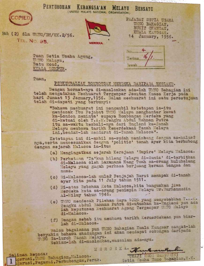 U is for UMNO Kuala Kangsar’s Letter – Museum Volunteers, JMM